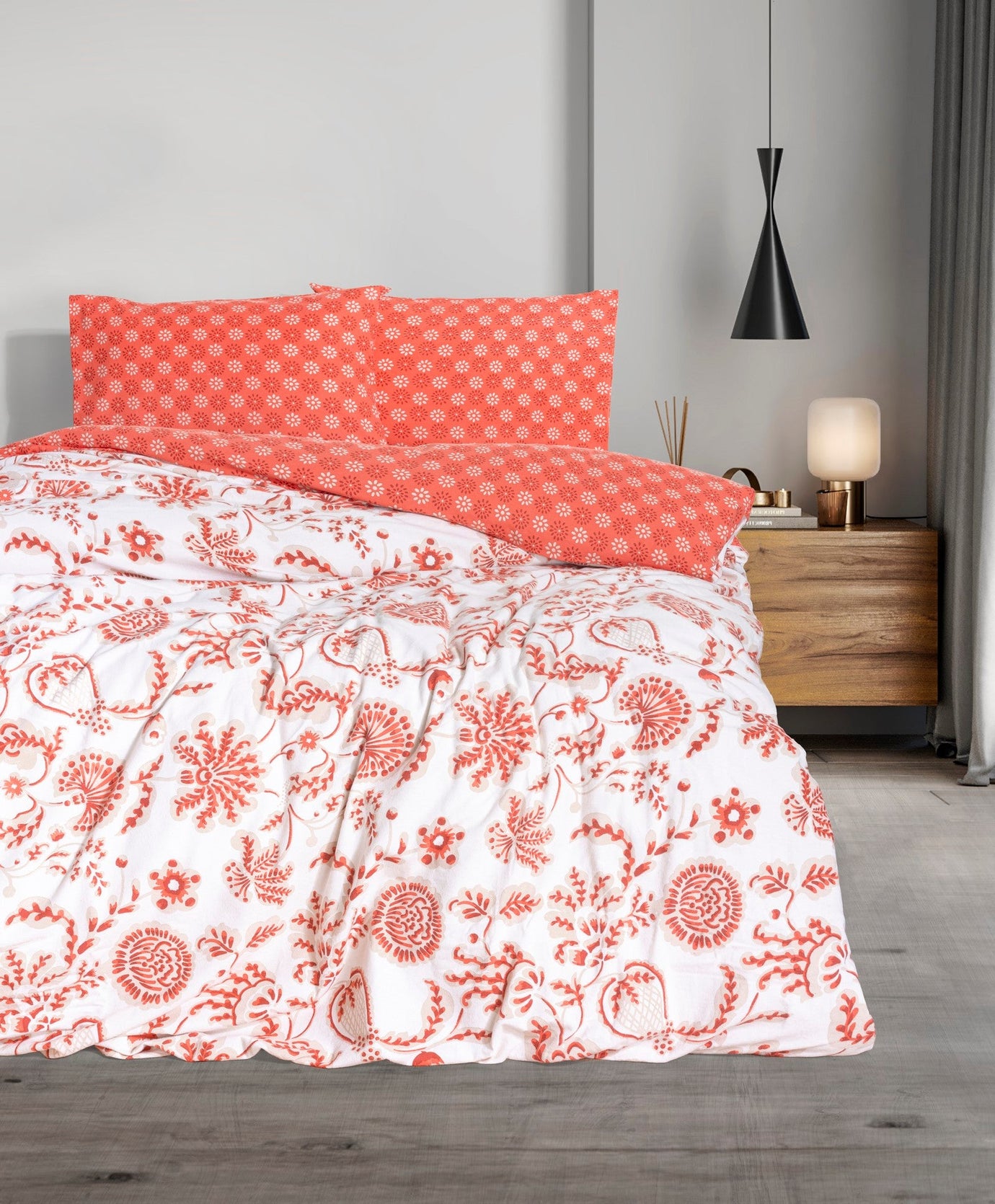 Flanel Tek Kişilik Nevresim Takımı Flowerland Kırmızı – Cotton Box